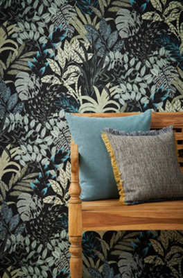 BRICOFLOR Black leaf wallpaper Non woven wall paper Self adhesive wall ...