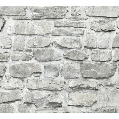 BRICOFLOR Light Grey Cobble Stone Wall Effect Rustic Wallpaper Self ...