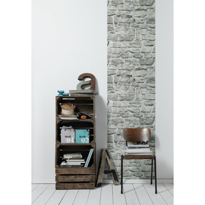 BRICOFLOR Light Grey Cobble Stone Wall Effect Rustic Wallpaper Self ...