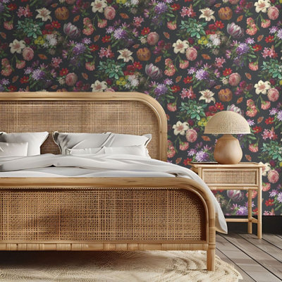 Brigette Floral Wallpaper Black and Multi World of Wallpaper WOW138
