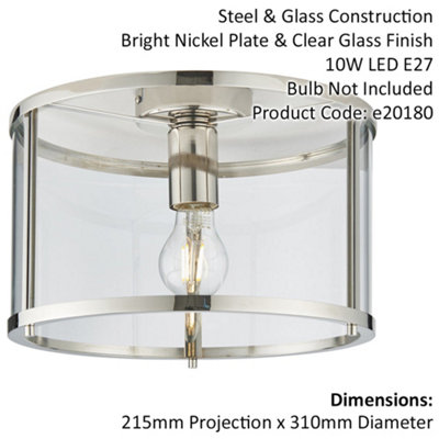 Bright Nickel Semi Flush Ceiling Light & Clear Glass Shade - Low ...