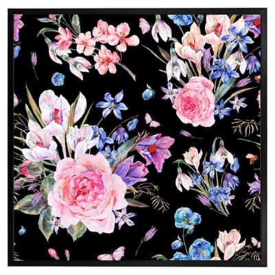 Bright pink flowers on black (Picutre Frame) / 30x30" / Oak | DIY at B&Q