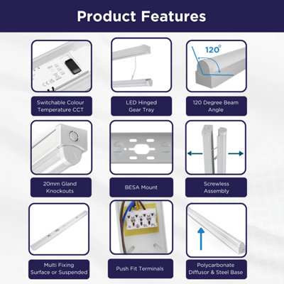 Bright Source 5ft 52w Twin LED Batten Fitting - CCT - Self Test Emergency