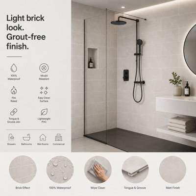 Britwall PVC Shower Panels Pack of 3 Light Grey Brick Design 2400 x ...