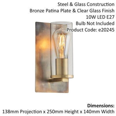 Bronze Patina Plate Wall Lamp Light & Clear Glass Shade - Dimmable LED ...