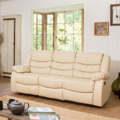 Brooklyn 211cm Wide Cream 3 Seat Bonded Leather Reclining Sofa with ...