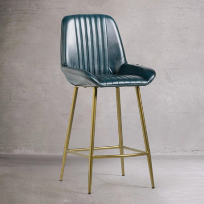 Brooklyn Bar Stool Blue Real Leather Retro Seat Gold Metal Industrial Base 66cm