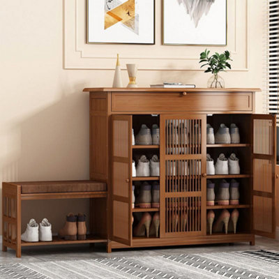 Brown Bamboo Entryway Storage Shoe Cabinet with Bench