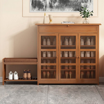 Brown Bamboo Entryway Storage Shoe Cabinet with Bench