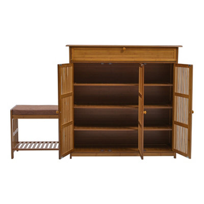 Brown Bamboo Entryway Storage Shoe Cabinet with Bench