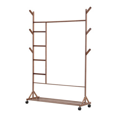 Brown Bamboo Freestanding Clothes Rail Coat Hanging Rack with Bottom ...
