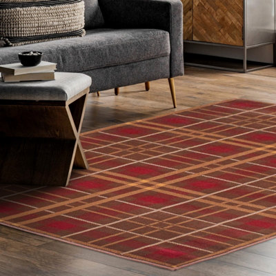 Brown Chequered Modern Tartan Easy to Clean Chequered Rug For Dining ...