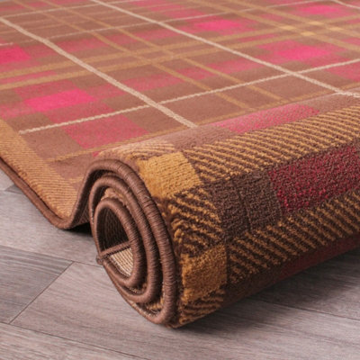 Brown Chequered Modern Tartan Easy to Clean Chequered Rug For Dining ...