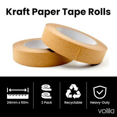 Brown Kraft Paper Tape 2 Pack - 24mm x 50m Recyclable Parcel Tape with ...