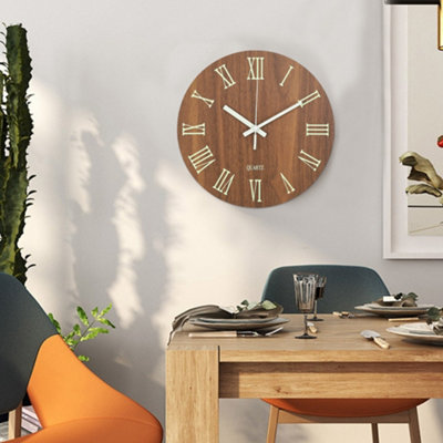Brown Modern Round Luminous Numbers Wood Silent Wall Clock 12 Inch ...