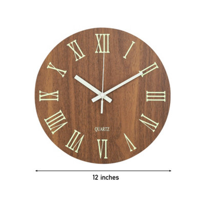Brown Modern Round Luminous Numbers Wood Silent Wall Clock 12 Inch