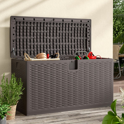 Brown Rattan Garden Storage Box Outdoor HDPE Deck Box 375L