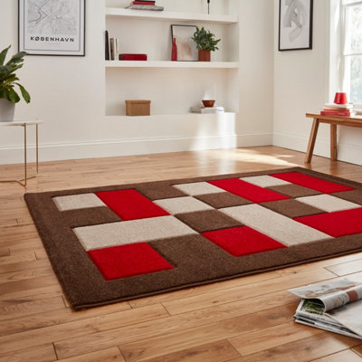 Brown Red Chequered Modern Geometric Bordered Rug for Living Room ...