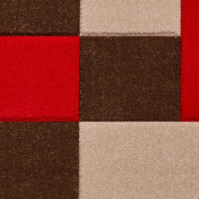 Brown Red Chequered Modern Geometric Bordered Rug for Living Room ...