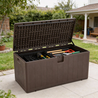Brown Waterproof Plastic Large Outdoor Garden Storage Box Wood Effect ...