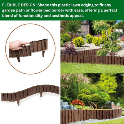 Brown Wood Effect Lawn Edging 2.3m Flexible Plastic Garden Border ...