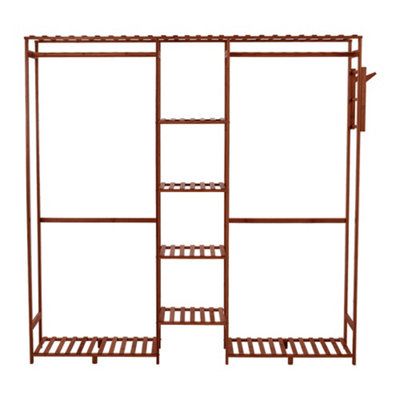 Brown Wooden Clothes Rack with Side Hooks and 6 Shelves