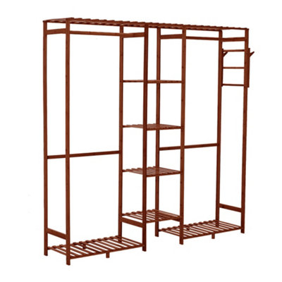 Brown Wooden Clothes Rack with Side Hooks and 6 Shelves