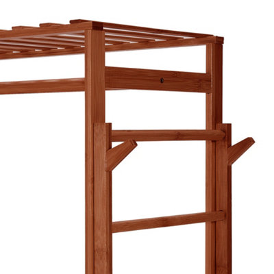 Brown Wooden Clothes Rack with Side Hooks and 6 Shelves