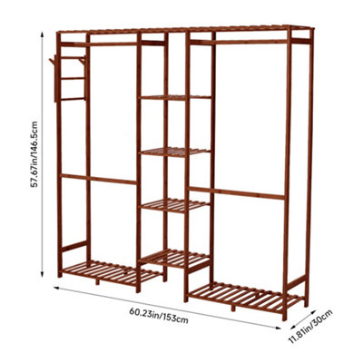 Brown Wooden Clothes Rack with Side Hooks and 6 Shelves