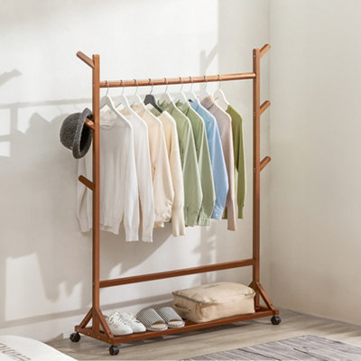 Brown Wooden Garment Hat Rack with Wheels 6 Hooks and Shelf 109 x 38 x ...