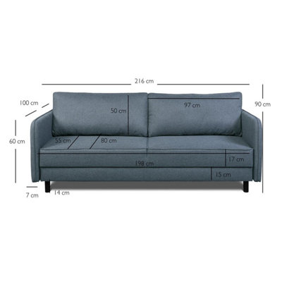 Bruno 3 Seater Sofa Bed with Storage - Blue Grey (Lumos83)