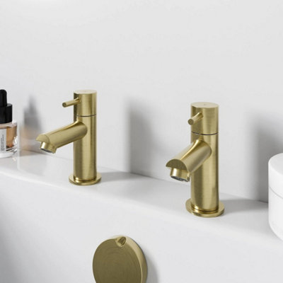 Brushed Brass Bath Pillar Taps Round Single Lever Pair Modern Bathroom