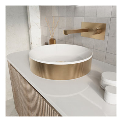 Brushed Brass Fluted Countertop Bathroom Basin & Tall Mixer Tap Set ...