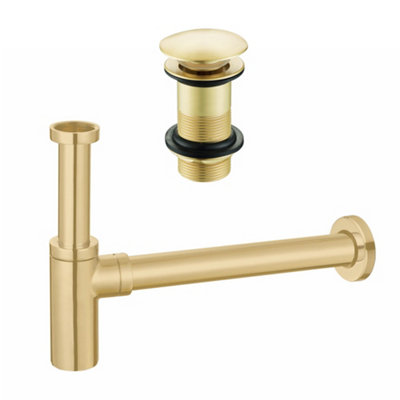 Brushed Brass Full Cover Unslotted Basin Waste & Minimalist Bottle Trap ...