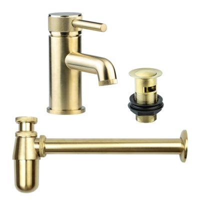 Brushed Brass Gold Lever Basin Mixer Tap, Bottle Trap & Slotted Waste