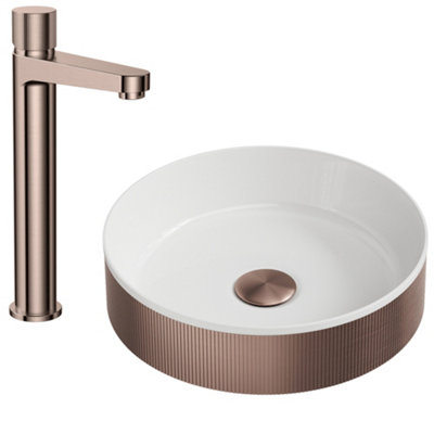 Brushed Bronze Fluted Countertop Bathroom Basin and Tall Mono Mixer Tap ...