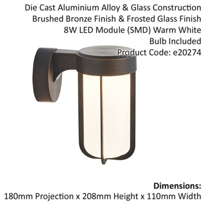 Brushed Bronze Outdoor Wall Light & Frosted Glass Shade IP44 Rated 8W ...