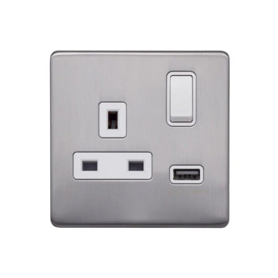 Brushed Chrome Screwless Plate 13A 1 Gang Switched Plug Socket (3.1A ...