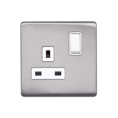 Brushed Chrome Screwless Plate 13A 1 Gang Switched Plug Socket, Double ...