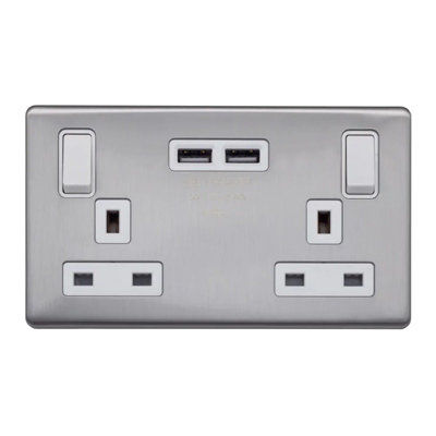 Buy Brushed Chrome Screwless Plate 13A 2 Gang Switched DP Socket 2 x ...