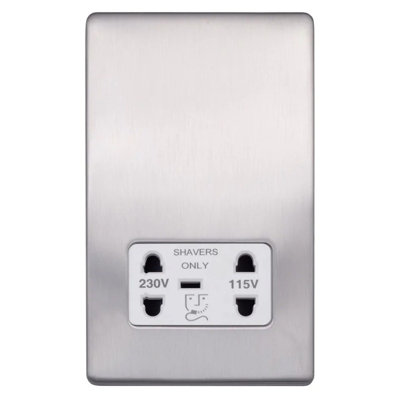 Brushed Chrome Screwless Plate Shaver Socket 230/115V Plate - White ...