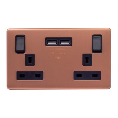 Brushed Copper Screwless Plate 13A 2 Gang Switched DP Socket 2 x USB ...