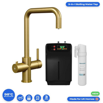 Brushed Gold 3-in-1 Boiling Water Kitchen Tap with 2.4L Boiler, Child ...