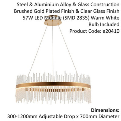 Brushed Gold Ceiling Pendant Light - Decorative Glass Rods - Integrated LED