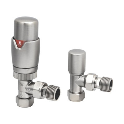 BRUSHED NICKEL ANGLED THERMOSTATIC RADIATOR VALVE (TRV) WITH LOCKSHIELD ...