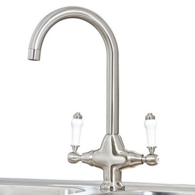 Brushed Nickel Dual Ceramic Lever Kitchen Mono Bloc Mixer Tap | DIY at B&Q
