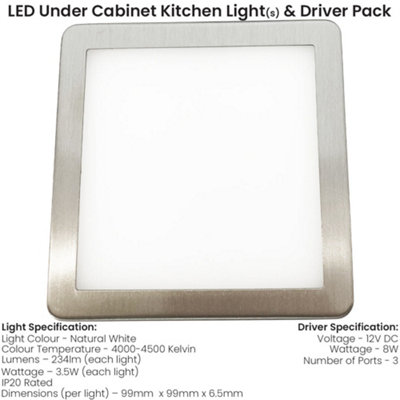 Brushed Nickel Ultra-Slim Square Under Cabinet Kitchen LED Light Kit ...