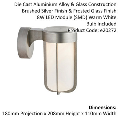 Brushed Silver Outdoor Wall Light & Frosted Glass Shade IP44 Rated 8W ...