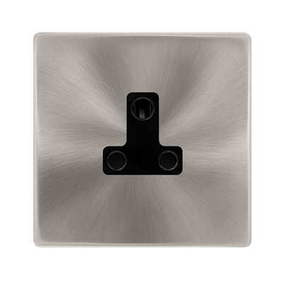 Brushed Steel Screwless Plate 1 Gang 5A Round Pin Socket - Black Trim ...