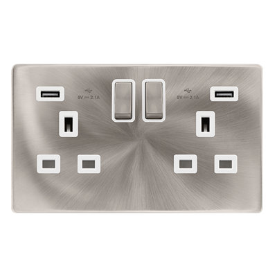 Brushed Steel Screwless Plate 2 Gang 13A DP Ingot 2 USB Twin Double ...